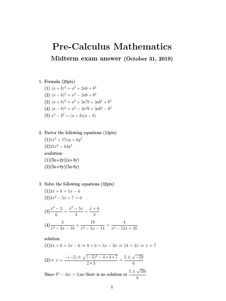 Pre-Calculus Mathematics: Midterm Exam Answer | PDF | Equations ...