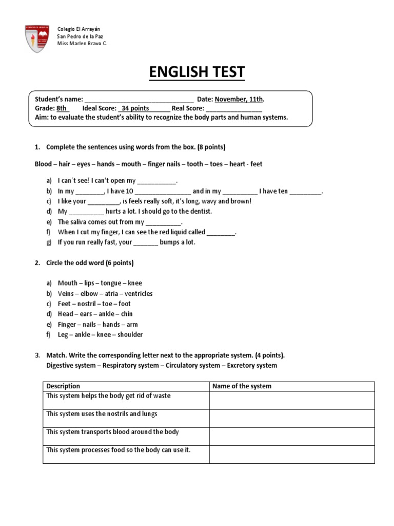 English Test: Colegio El Arrayán San Pedro de La Paz Miss Marlen Bravo ...