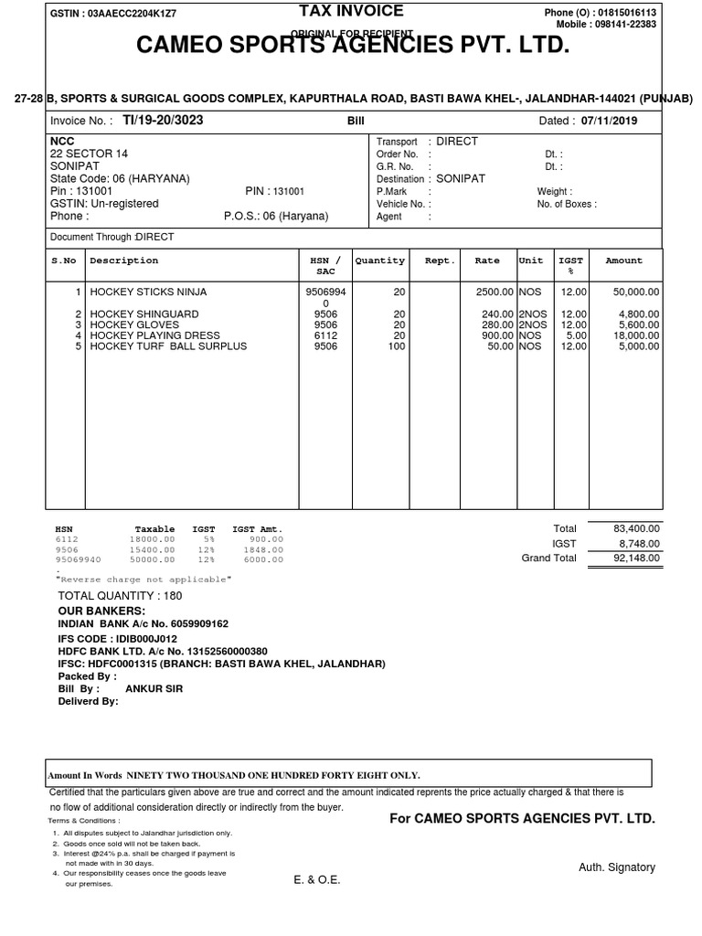 Cameo Sports Agencies Pvt. LTD | PDF | Invoice | Payments