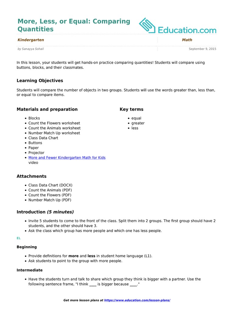 More Less or Equal PDF | PDF | Lesson Plan | Learning