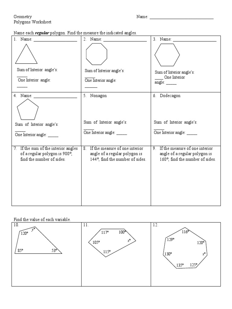 Polygons Worksheet | PDF | Triangle | Angle