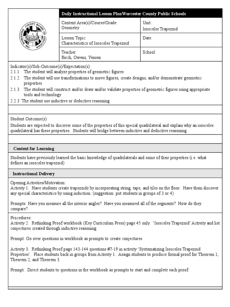 Isosceles Trapezoid Lesson Plan | PDF | Mathematical Proof | Geometry