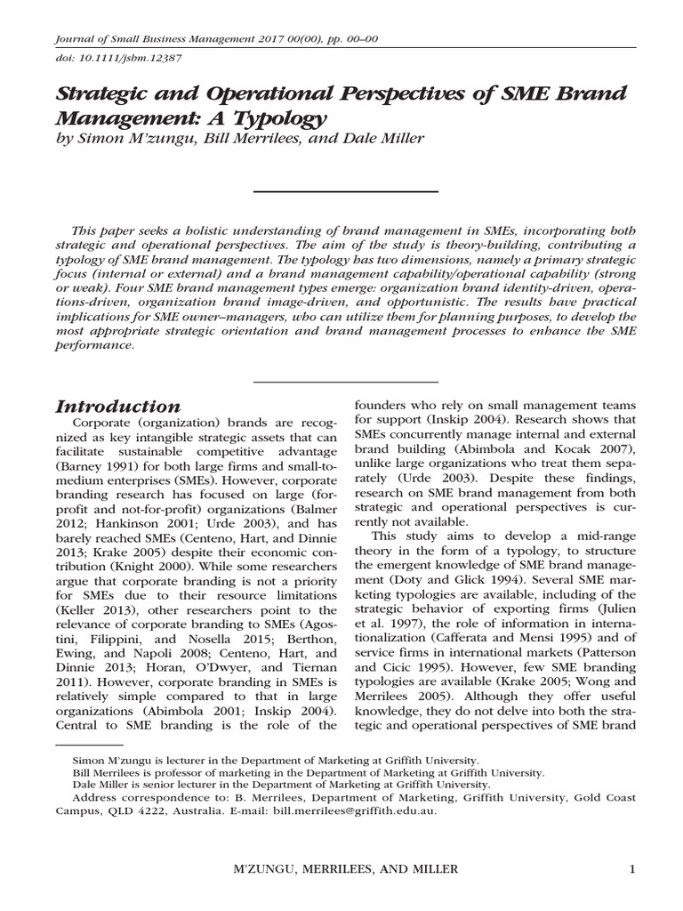 Strategic and Operational Perspectives of SME Brand Management: A ...
