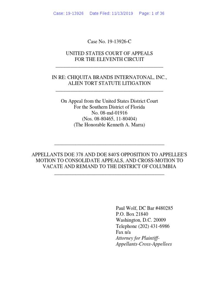 Opposition To Chiquita's Motion To Consolidate Appeals | PDF | Summary Judgment | Daubert Standard