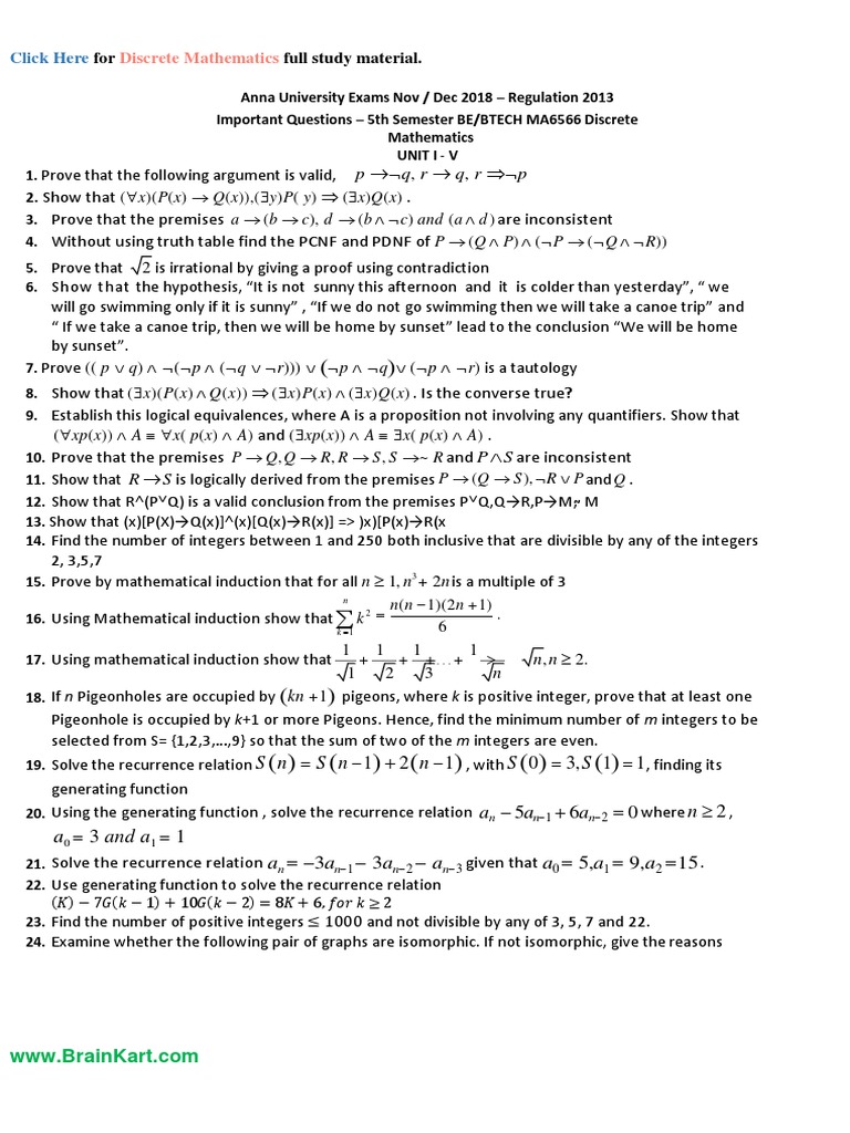 094 - MA8351, MA6566 Discrete Mathematics - Important Questions 2 ...