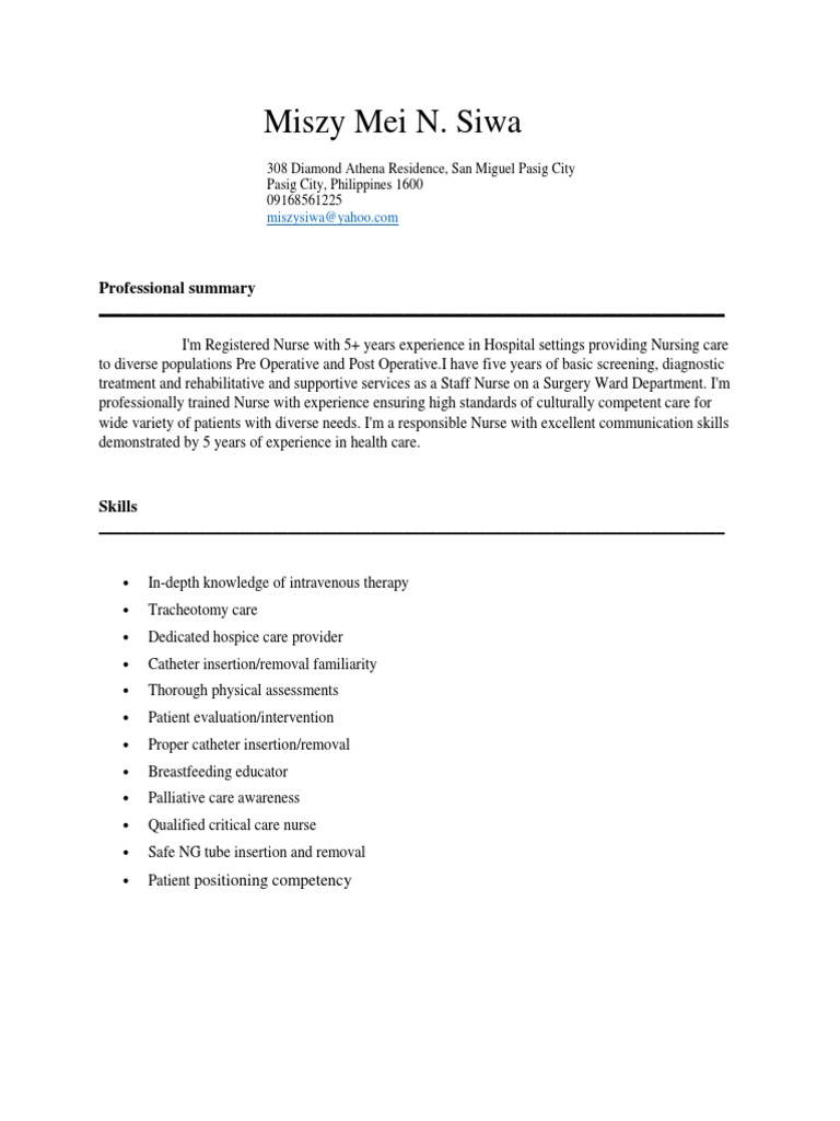 Miszy Mei N. Siwa: Professional Summary | PDF | Nursing | Catheter