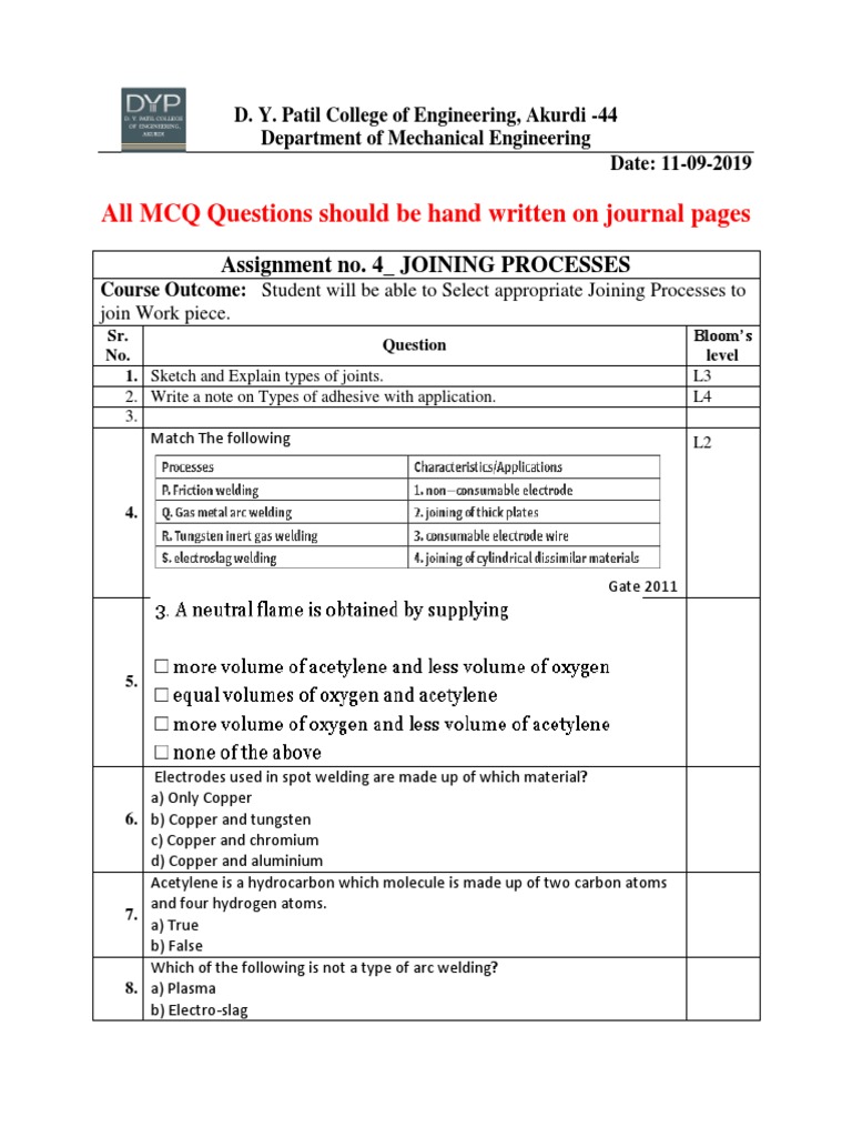 All MCQ Questions Should Be Hand Written On Journal Pages: Assignment No. 4 - JOINING PROCESSES ...