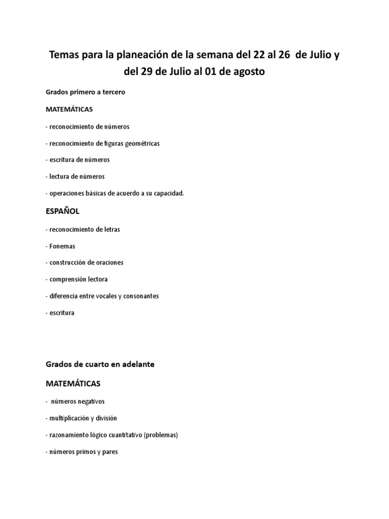 Plan de estudios semanal para grados primero a tercero y de cuarto en adelante durante las ...