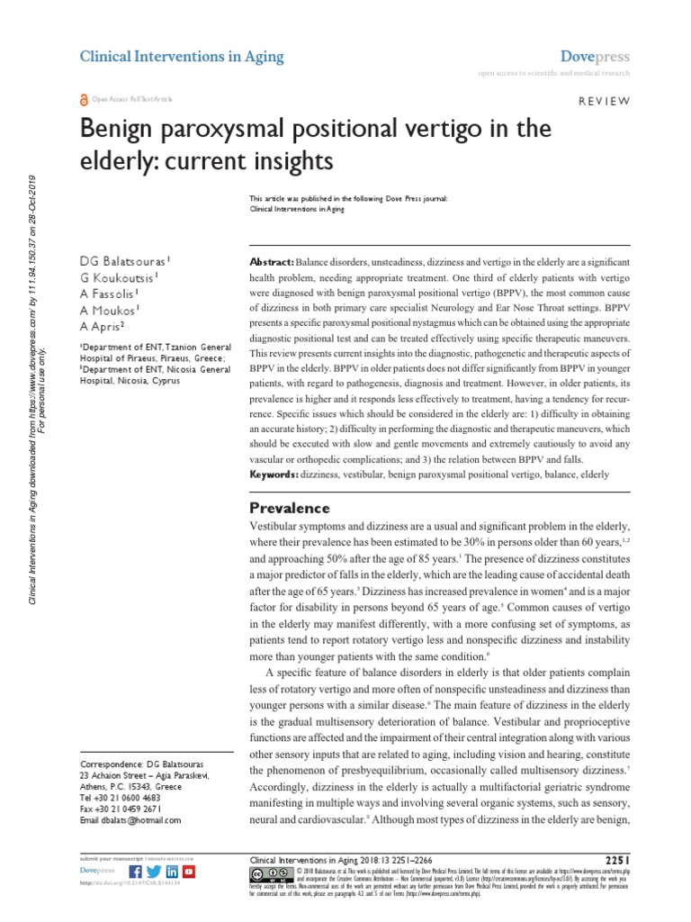 Benign Paroxysmal Positional Vertigo in The Elderly Current Insights ...