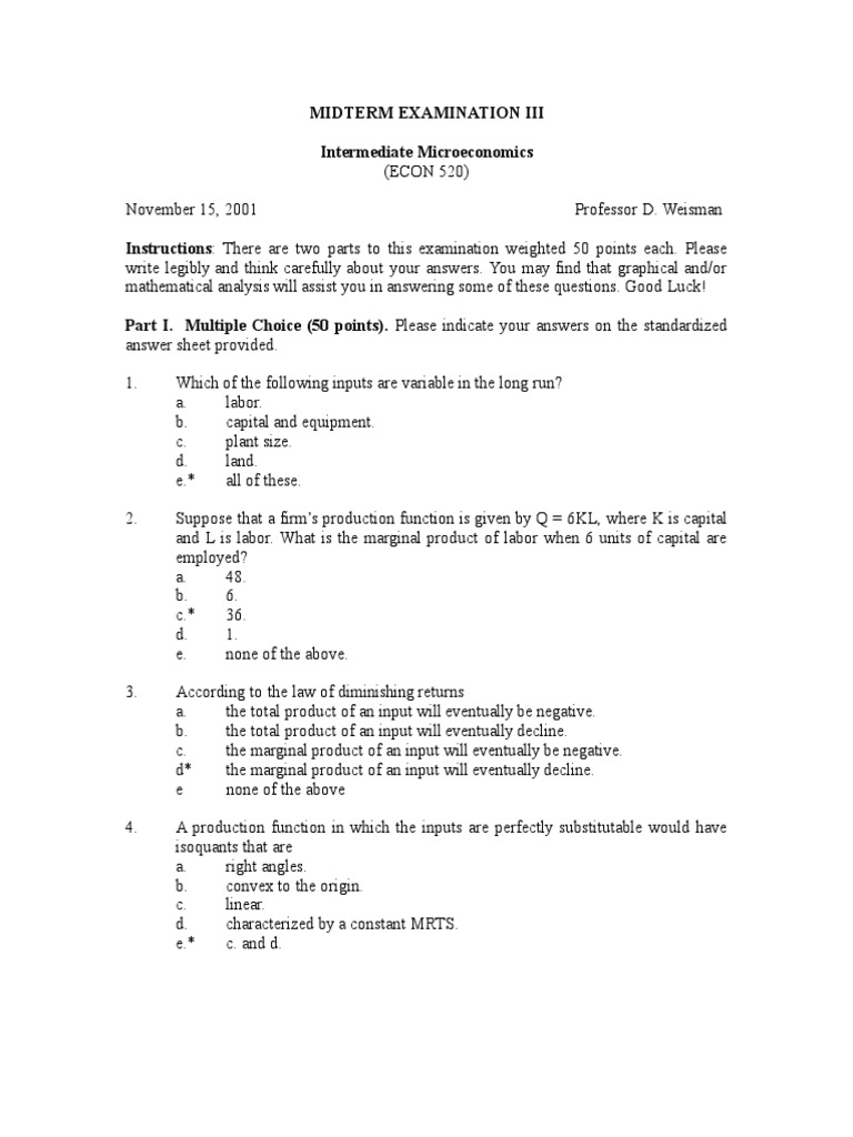 Midterm Examination Iii Intermediate Microeconomics | PDF | Production Function | Average Cost