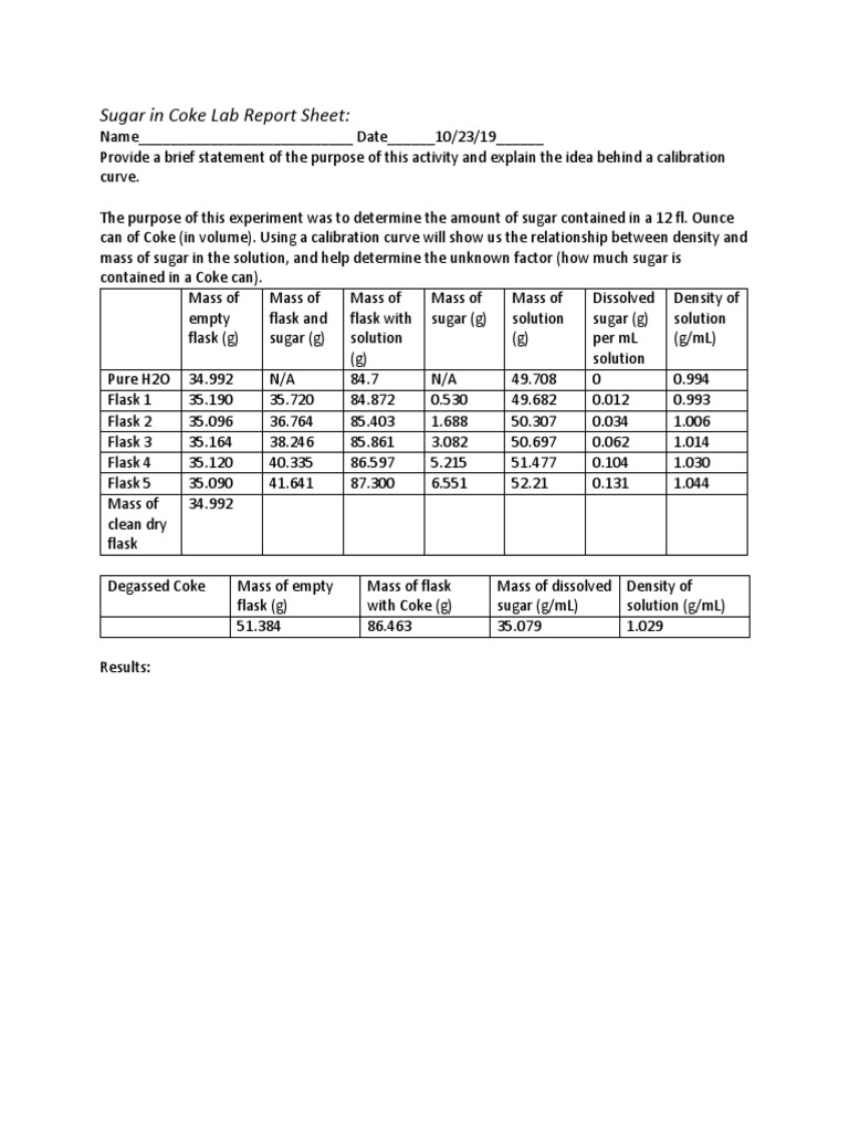 Sugar in Coke Lab Report Sheet | PDF | Density | Sugar