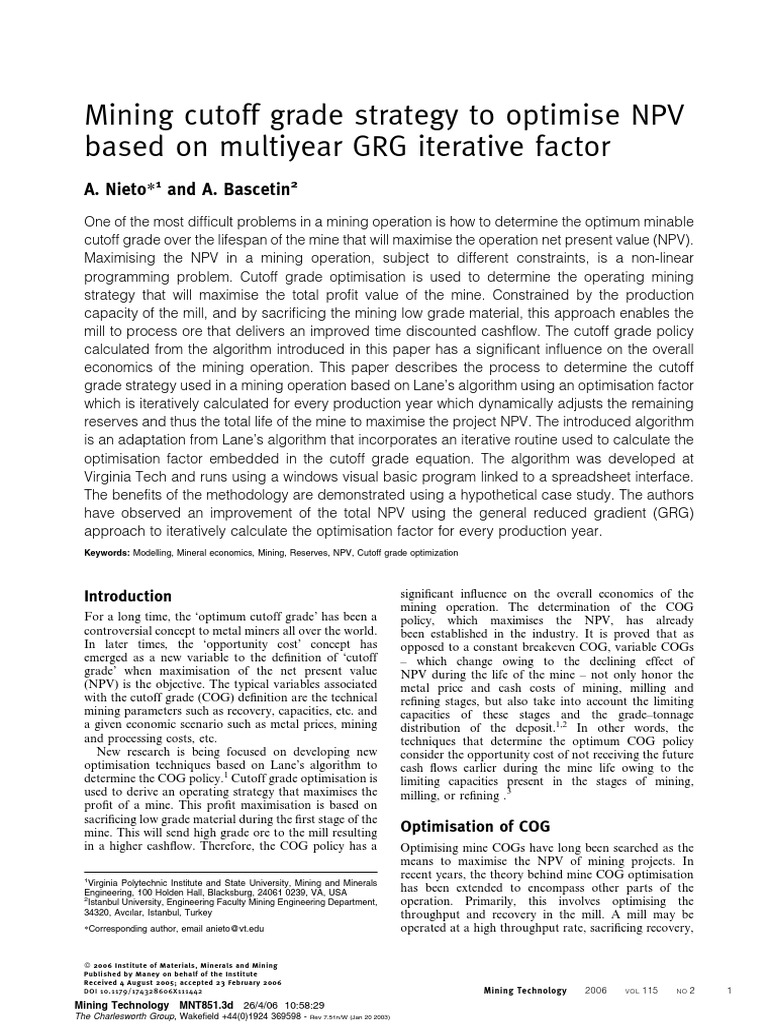 NIETO-Mining Cutoff Grade Strategy To Optimise NPV | PDF | Net Present ...