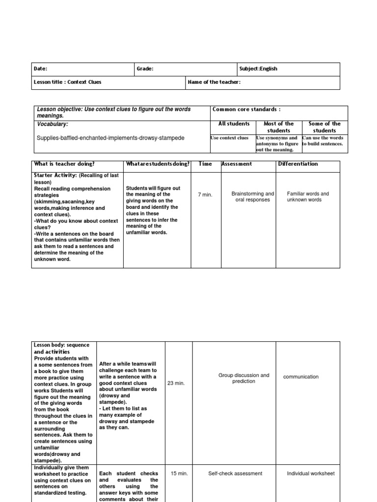 Context Clues Lesson Plan for Students | PDF | Reading Comprehension ...