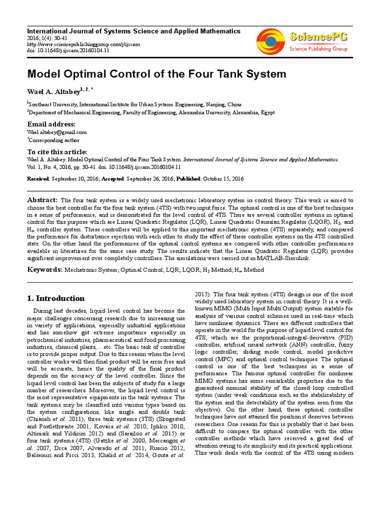 Model Optimal Control of The Four Tank System: Wael A. Altabey | PDF | Control Theory | Optimal ...