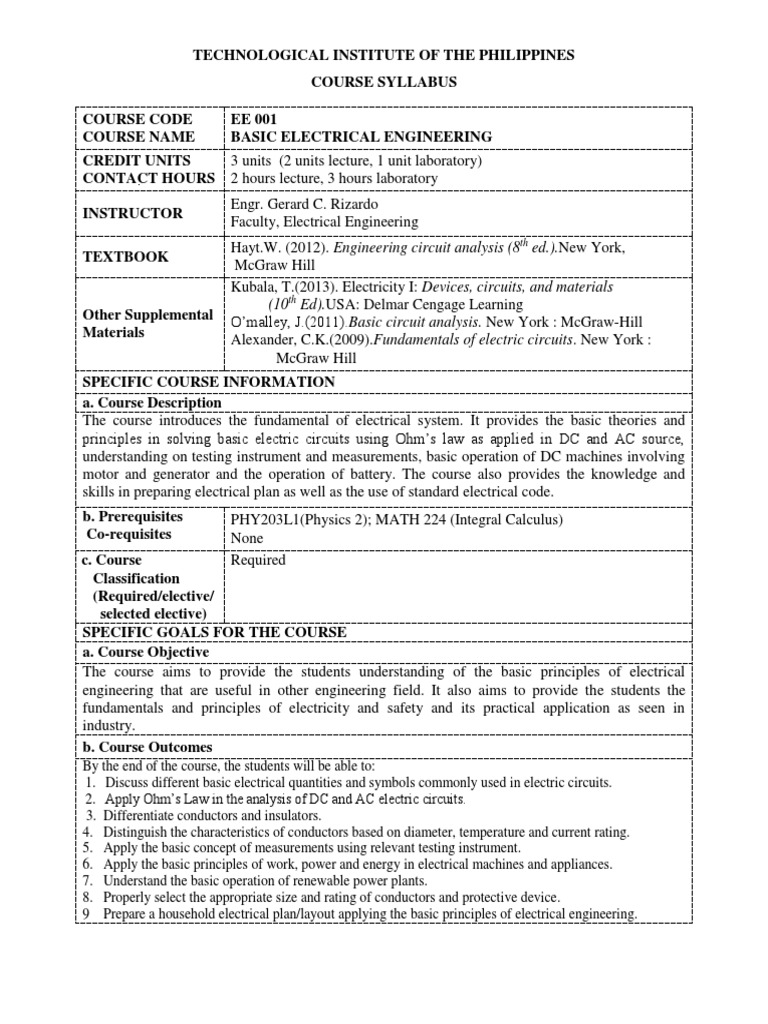 EE 001 Course Syllabus | PDF | Electricity | Electrical Resistance And ...