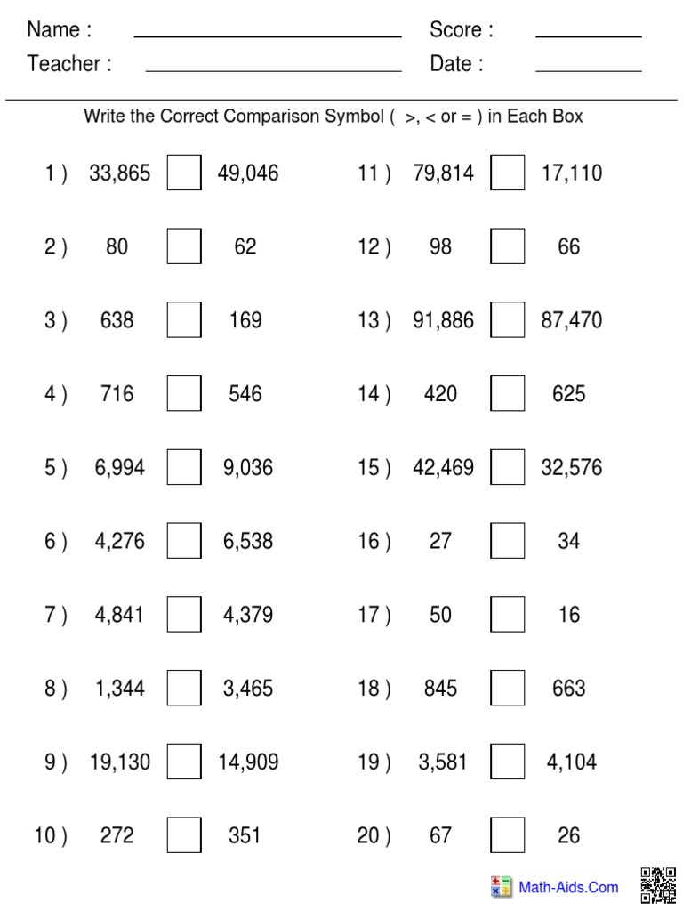Write The Correct Comparison Symbol (, or ) in Each Box | PDF