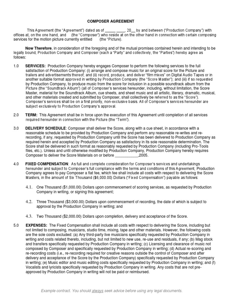 EXAMPLE Composer Agreement | PDF | Breach Of Contract | Damages