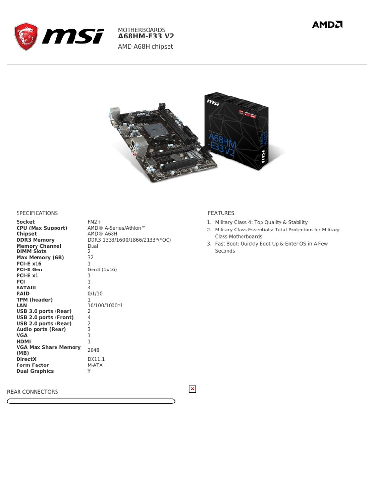 A68HM-E33 V2: AMD A68H Chipset | PDF | Advanced Micro Devices | Personal Computing