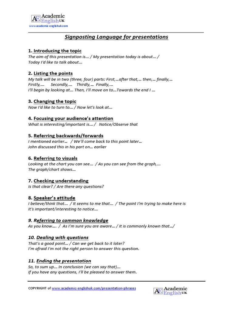 Signposting Language For Presentations: 1. Introducing The Topic | PDF