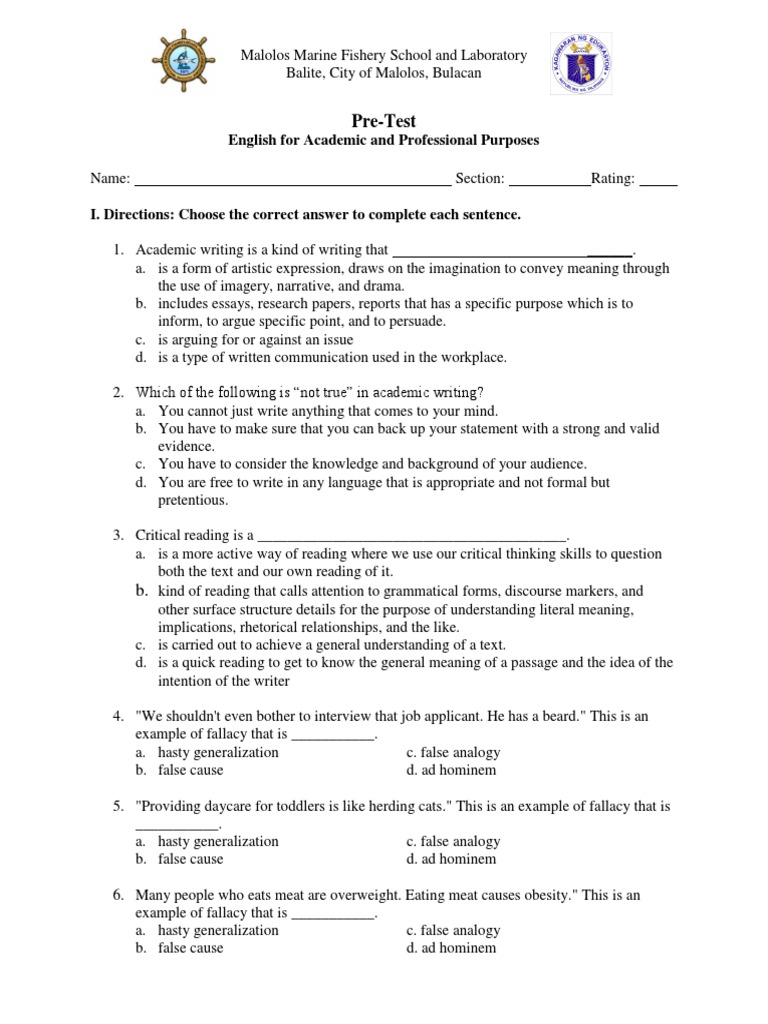 pre-test-SET A | PDF | Definition | Plagiarism