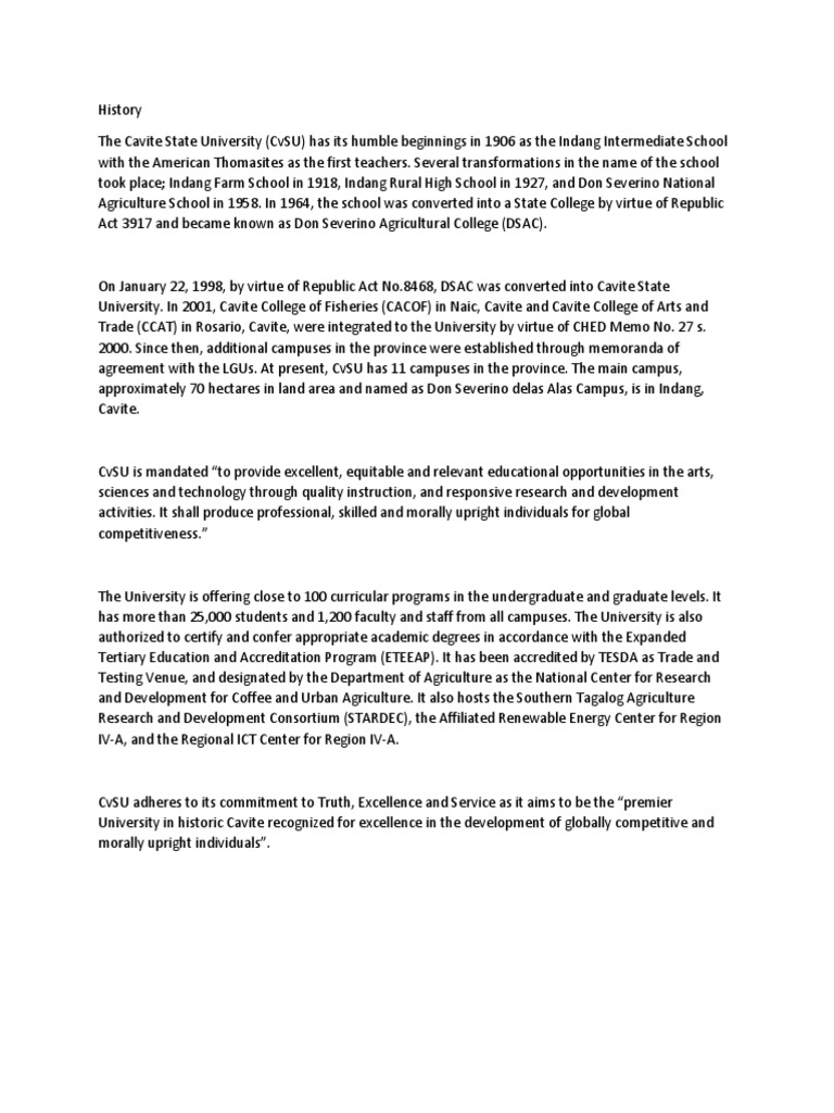 Cvsu History, Vision, Mission | PDF | Educational Stages | Behavior ...