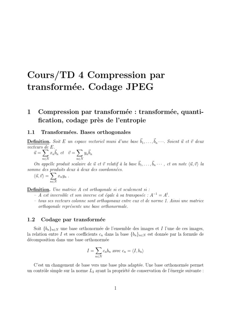 Cours/TD 4 Compression Par Transform Ee. Codage JPEG | PDF | Image numérique | Traitement ...