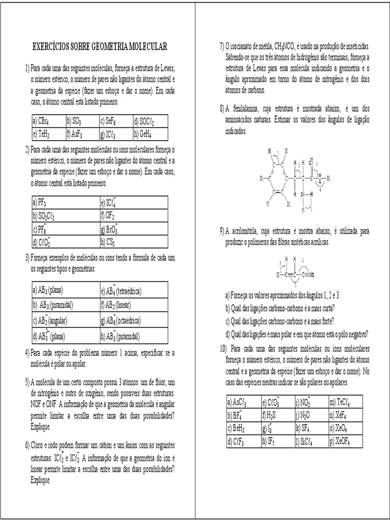 Exercícios Sobre Geometria Molecular | Moléculas | Ligação Química