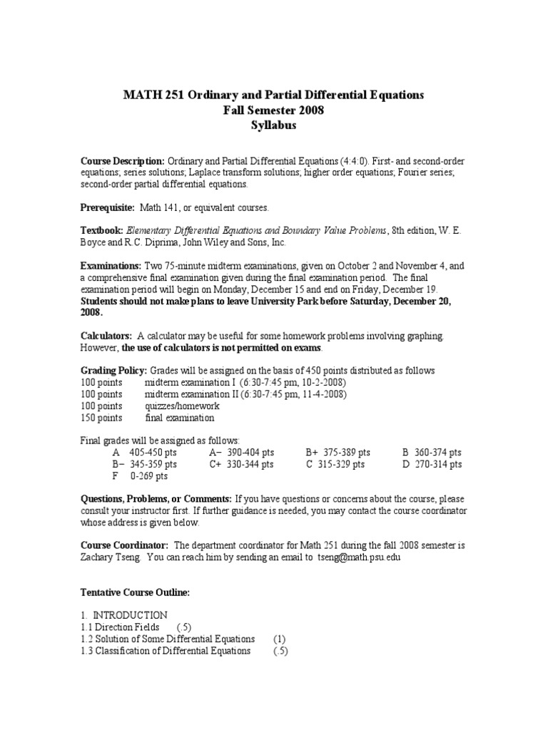MATH 251 Ordinary and Partial Differential Equations Fall Semester 2008 ...
