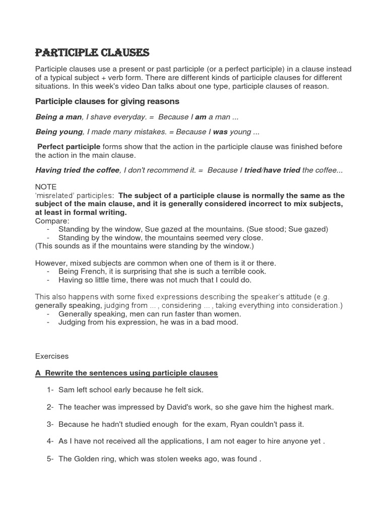 Participle Clauses Practice | PDF | Clause | Verb