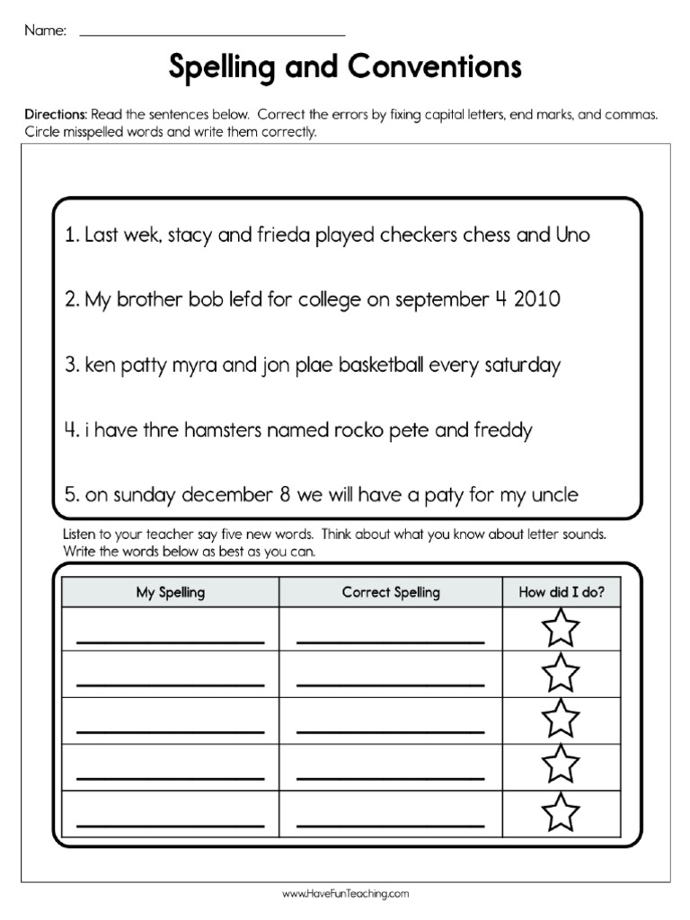 Spelling and Conventions Worksheet | PDF