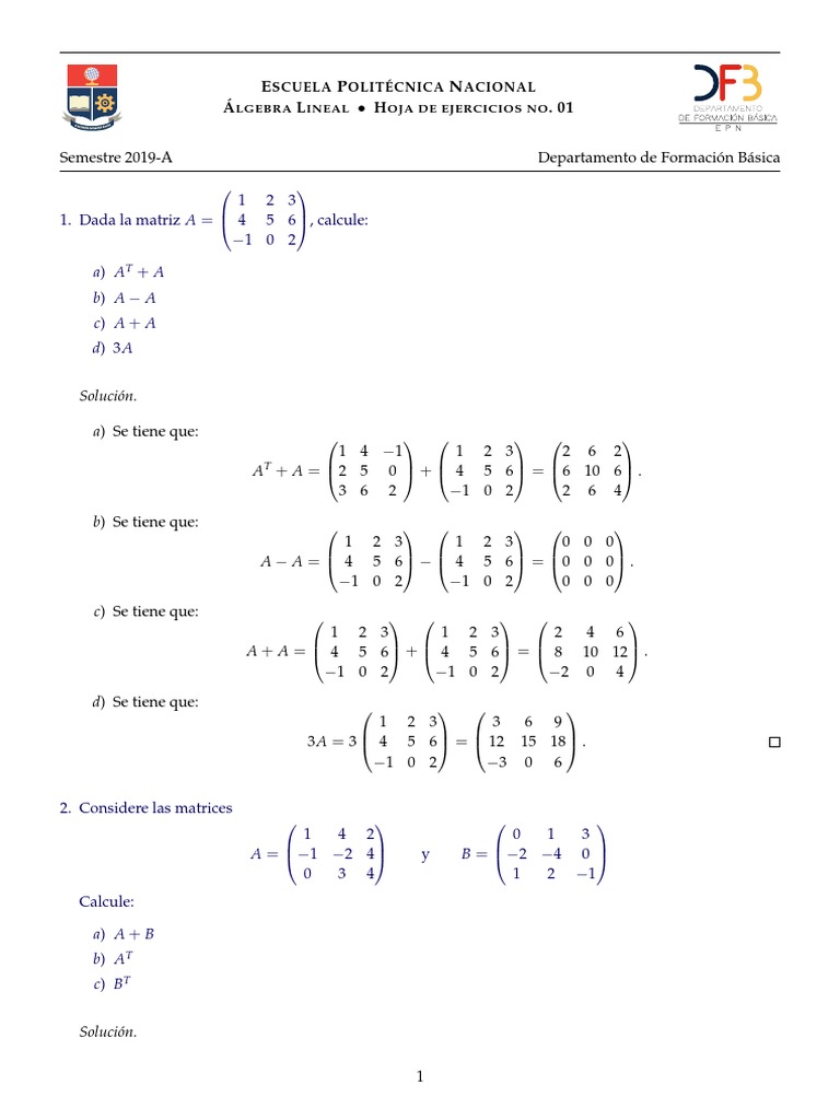 HojasEjercicios AL 2019-A PDF | PDF | Matriz (Matemáticas) | Teoría del ...