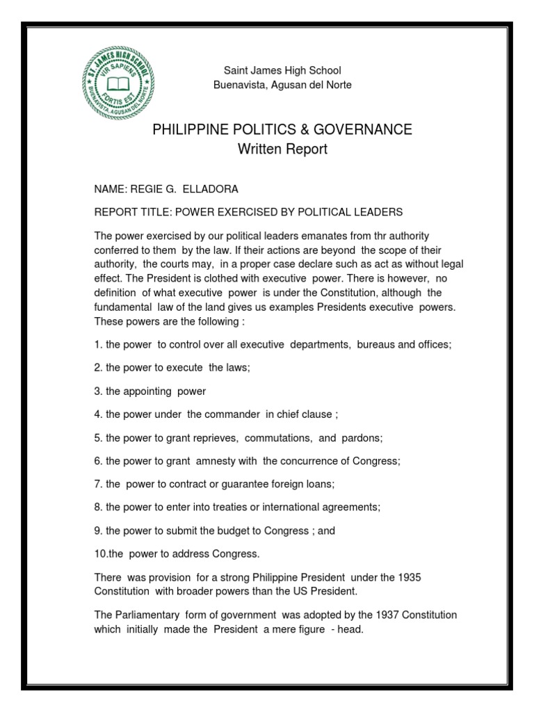 Philippine Politics & Governance Written Report | PDF | Presidents Of ...