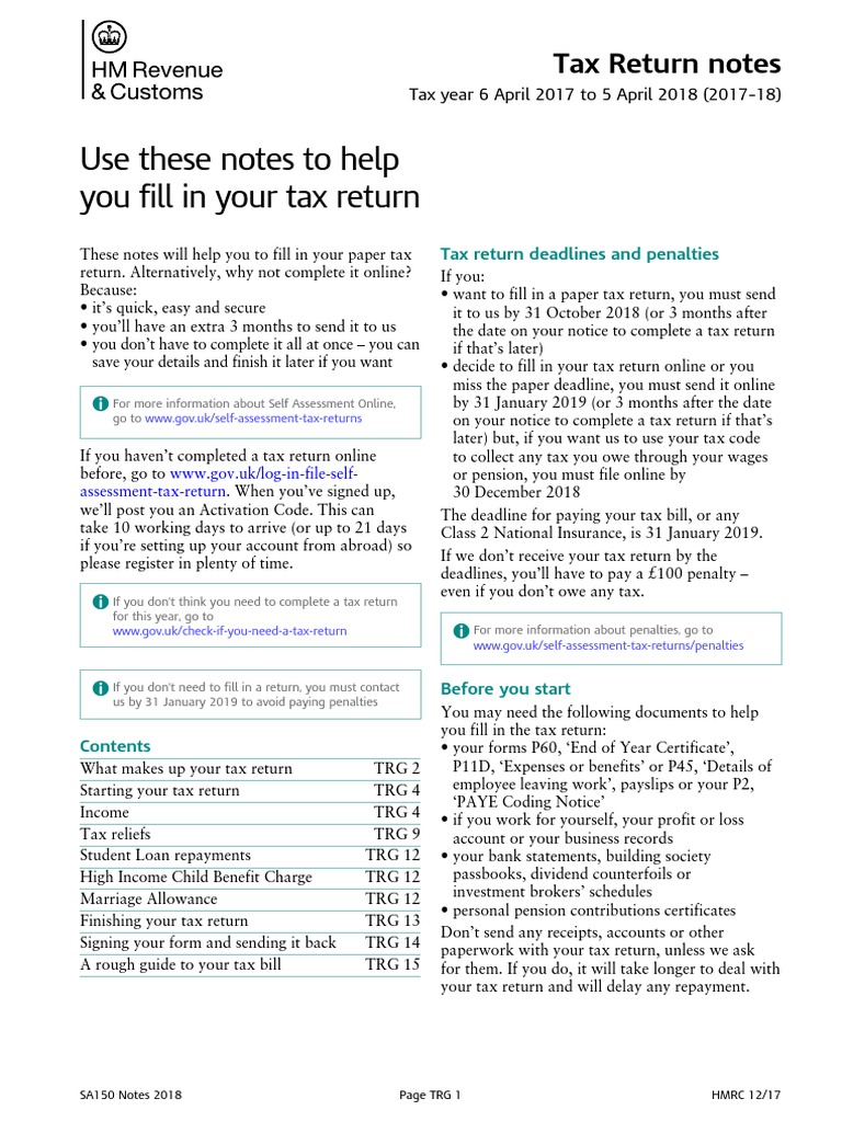 Tax Return Notes for 2017-18 Tax Year | PDF | Pension | Capital Gains Tax