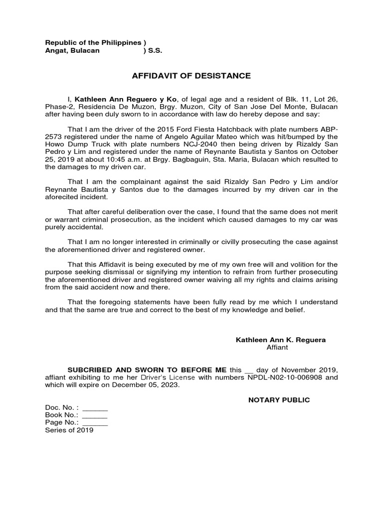 Affidavit of Desistance - Kathleen Ann Reguera | PDF