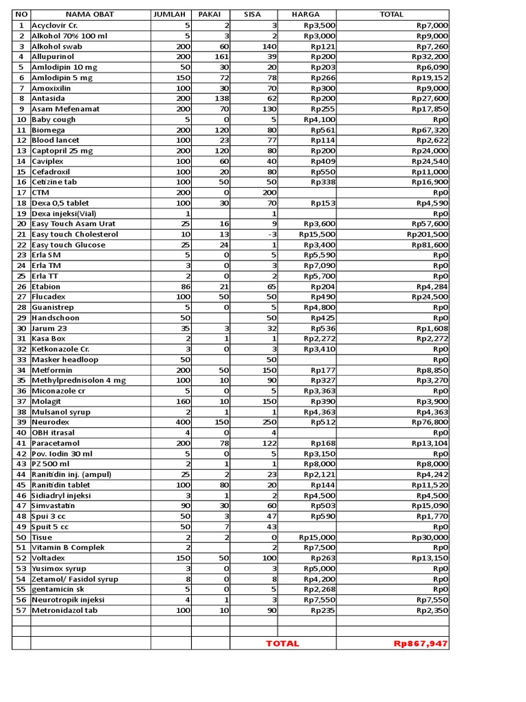 An Inventory List of Medicines and Medical Supplies from a Pharmacy or ...