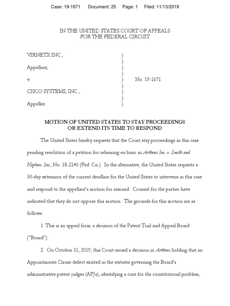 Motion of United States To Stay Proceedings or Extend Its Time To ...