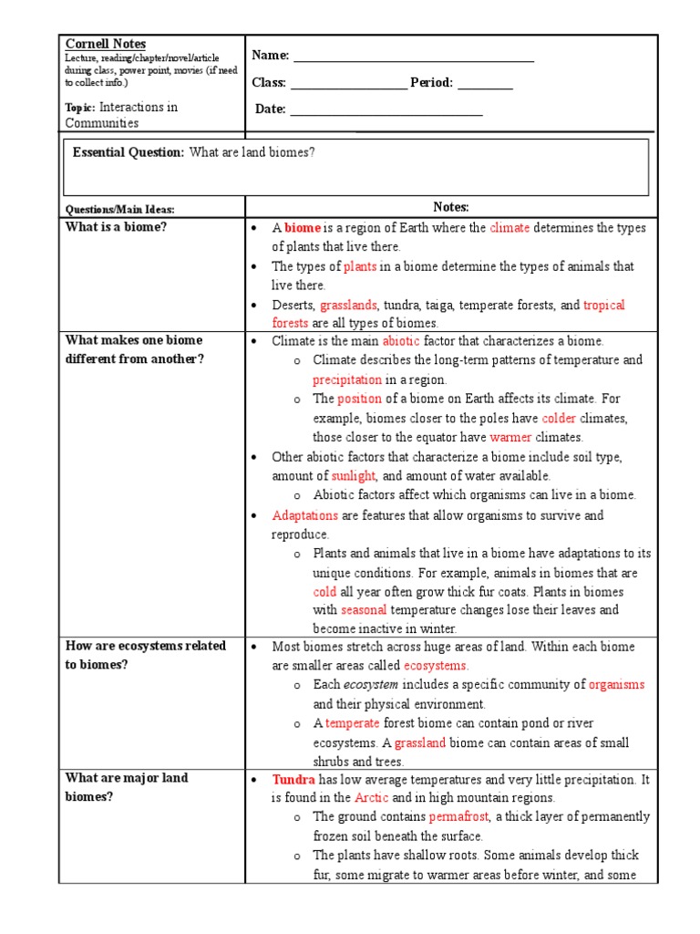 Cornell Notes - Land Biomes and Aquatic Ecosystems Filled in Version ...