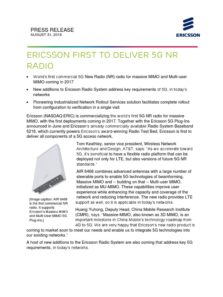 Ericsson First To Deliver 5G NR Radio: Press Release | PDF | Ericsson ...