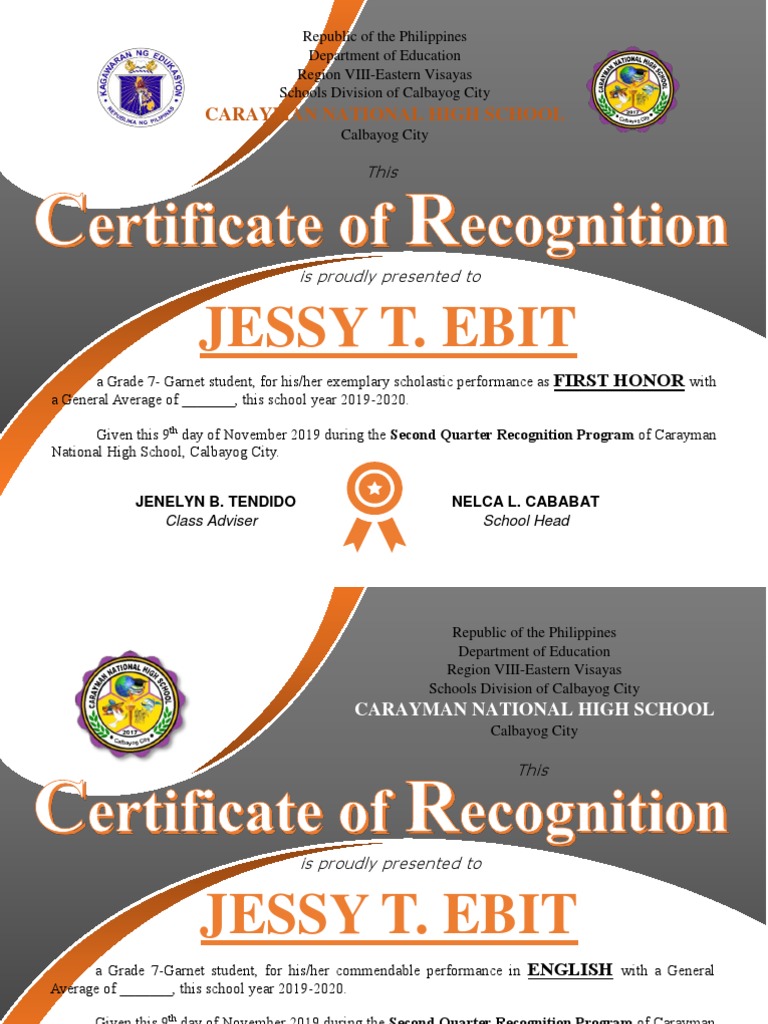 Certificate of Recognition for Exemplary Scholastic Performance Awarded ...