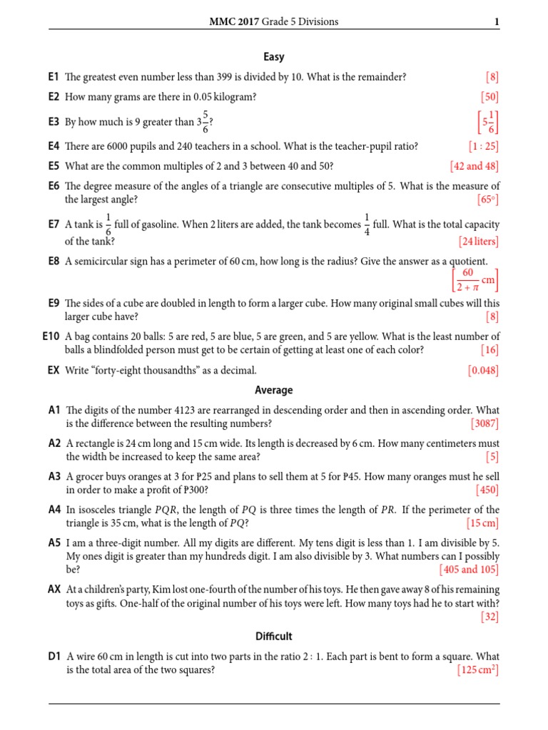 MMC 2017 Grade 5 Math Questions | PDF | Area | Elementary Geometry