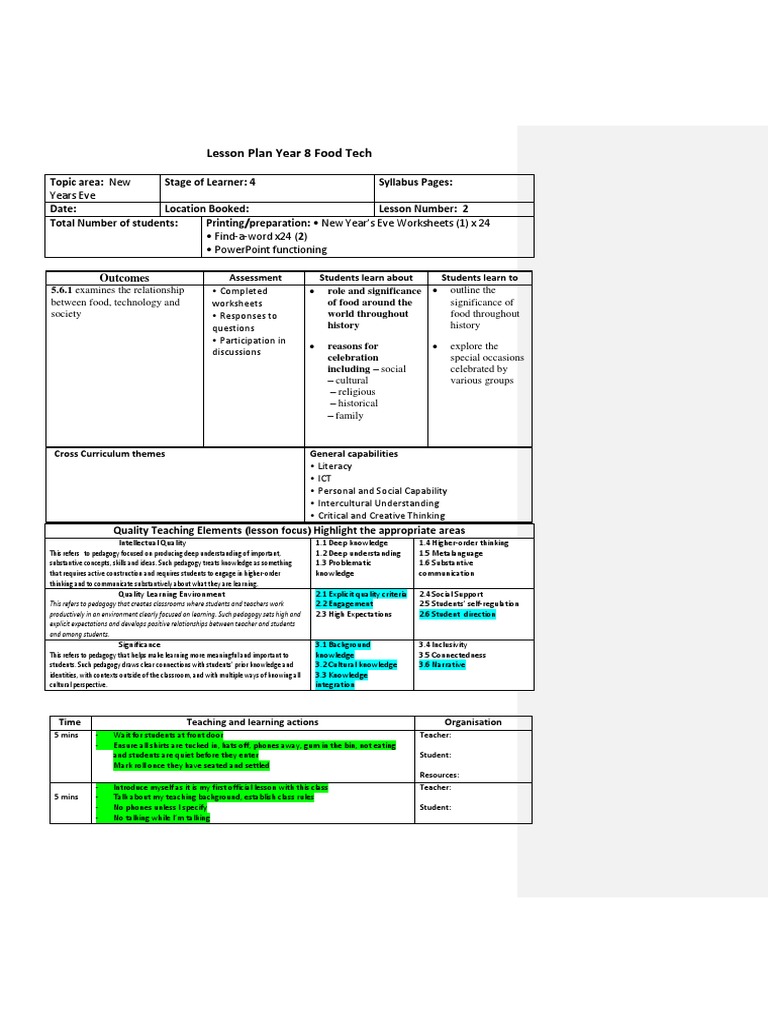 Lesson Plan Year 8 Food Tech: Years Eve | PDF | Pedagogy | Teachers