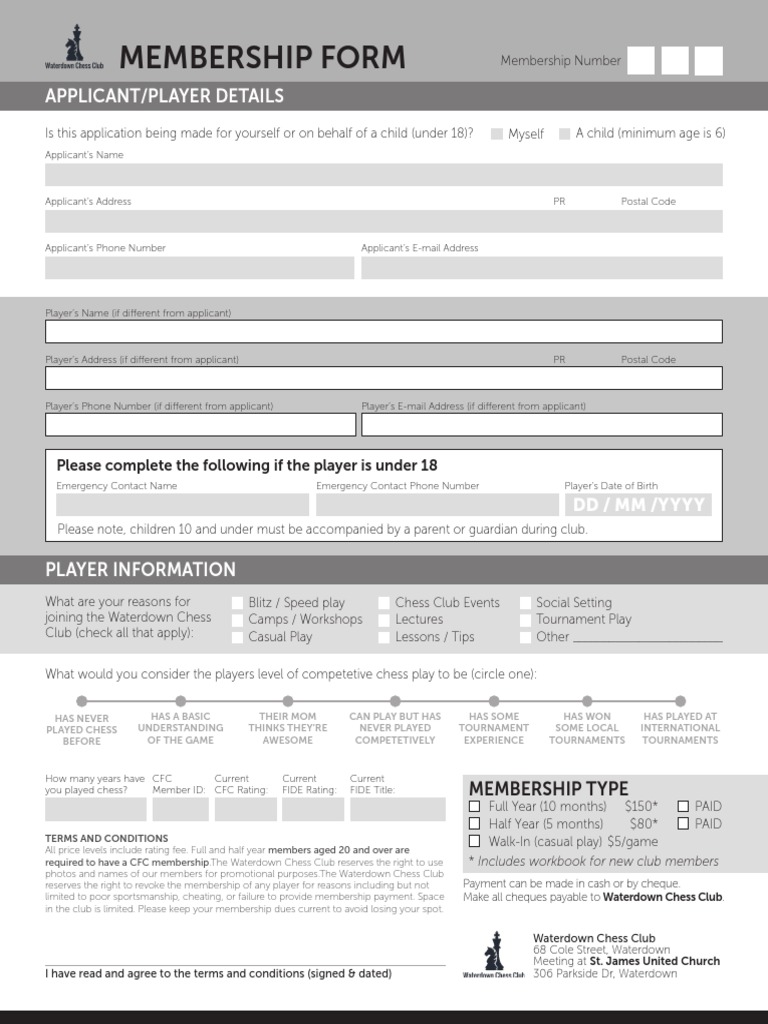 Membership Form: Applicant/Player Details | PDF | Cheque | Chess