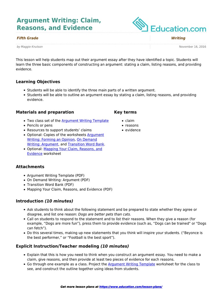 Argument Writing Claim Reasons Evidence PDF | PDF | Essays | Lesson Plan