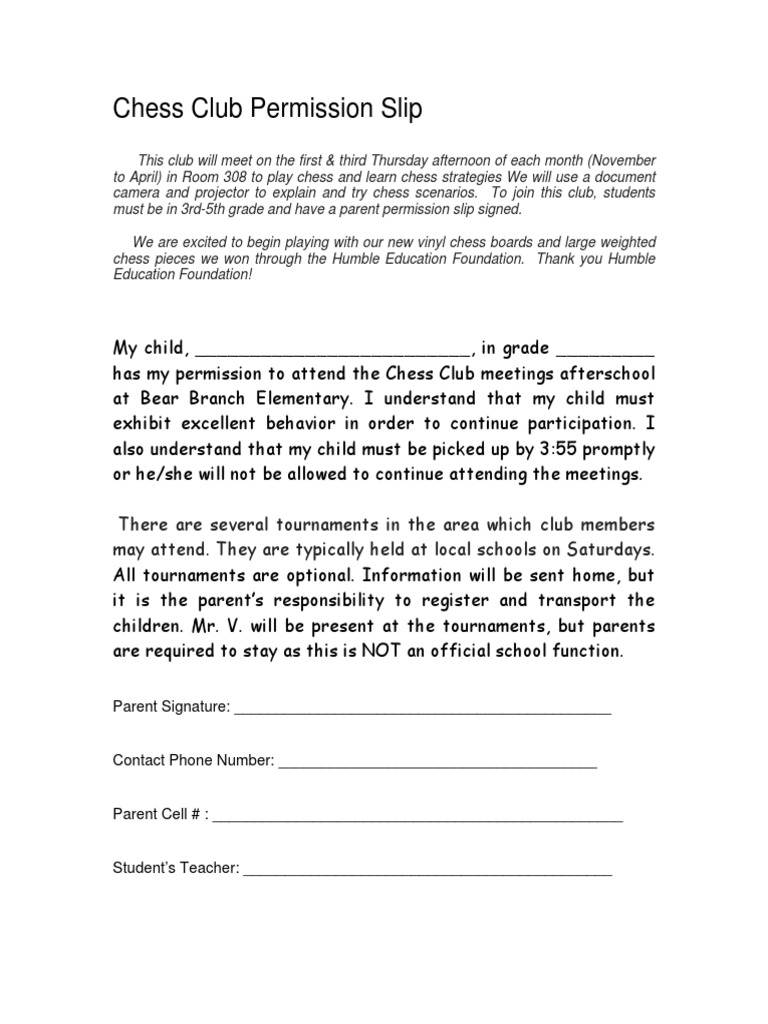 Chess Club Permission | PDF | Learning | Behavior Modification