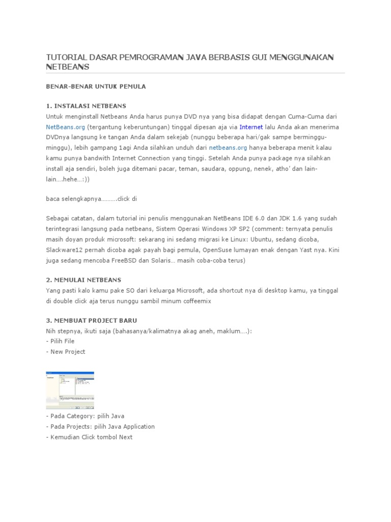 Tutorial Dasar Pemrograman Java Berbasis Gui Menggunakan Netbeans | PDF