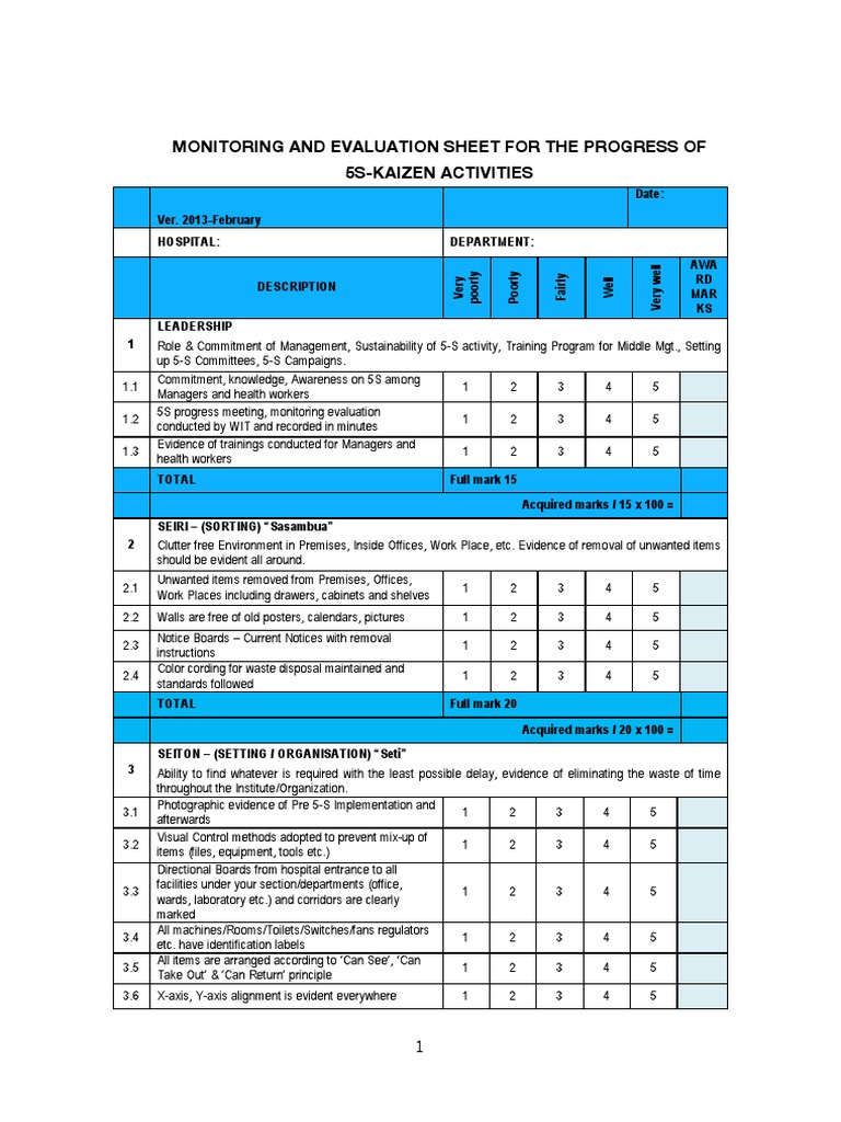 Monitoring and Evaluation Sheet For The Progress of 5S-Kaizen ...