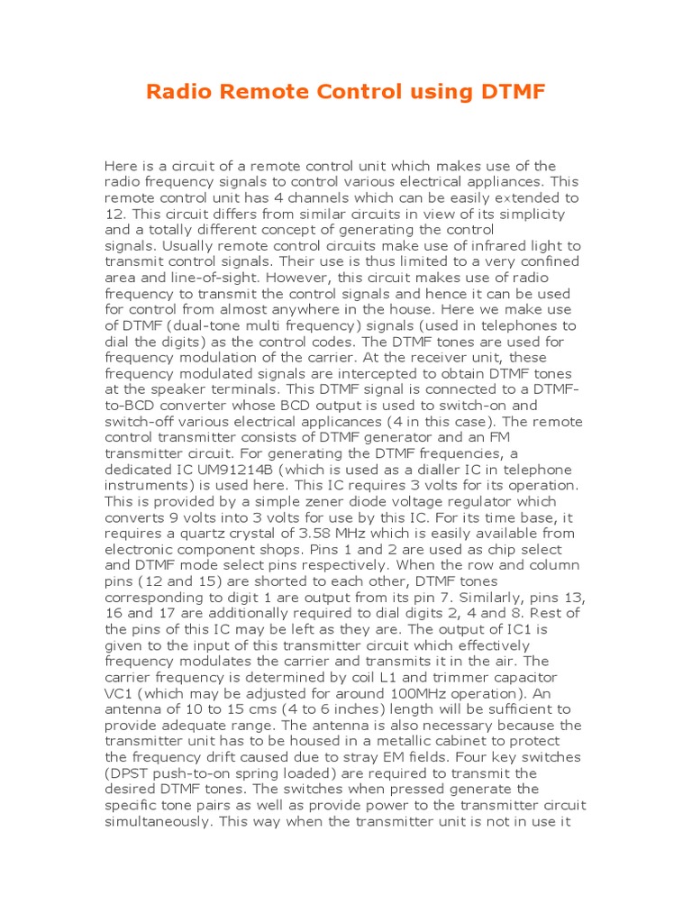 Radio Remote Control Using DTMF | PDF | Radio | Frequency Modulation