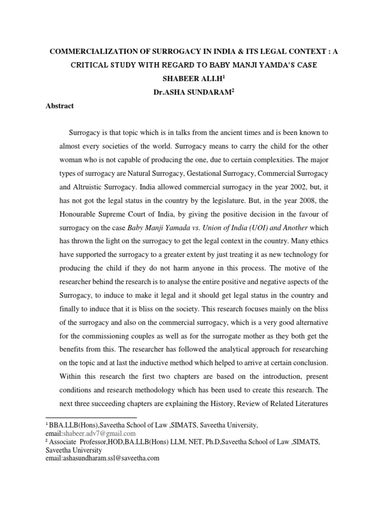 Commercialization of Surrogacy in India & Its Legal Context: A Critical ...