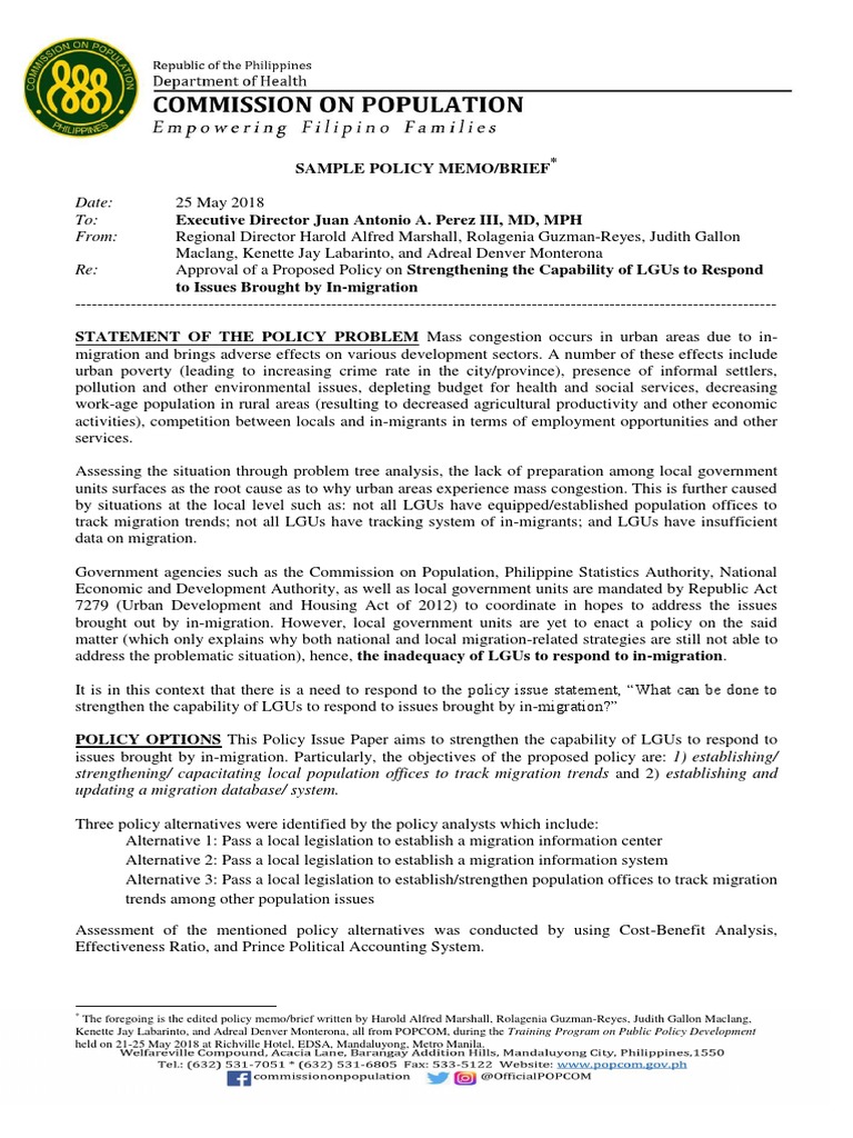 Sample Policy Brief-Memorandum | PDF | Local Government | Policy Analysis