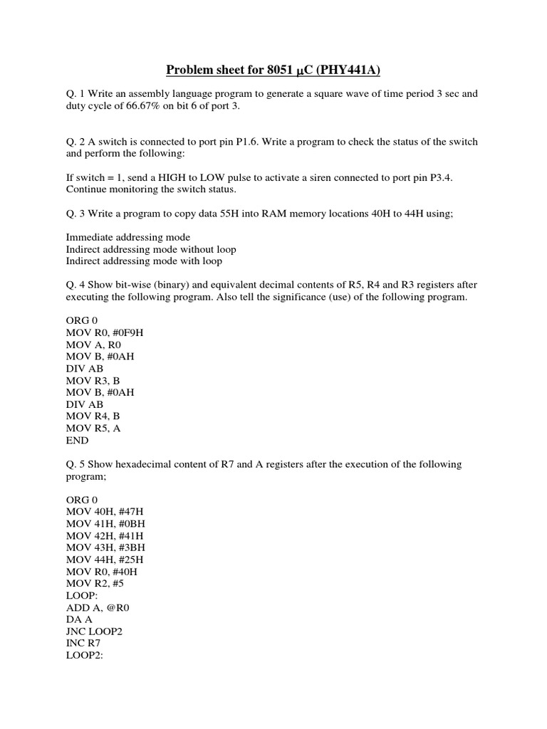 Problem Sheet Microcontroller | PDF